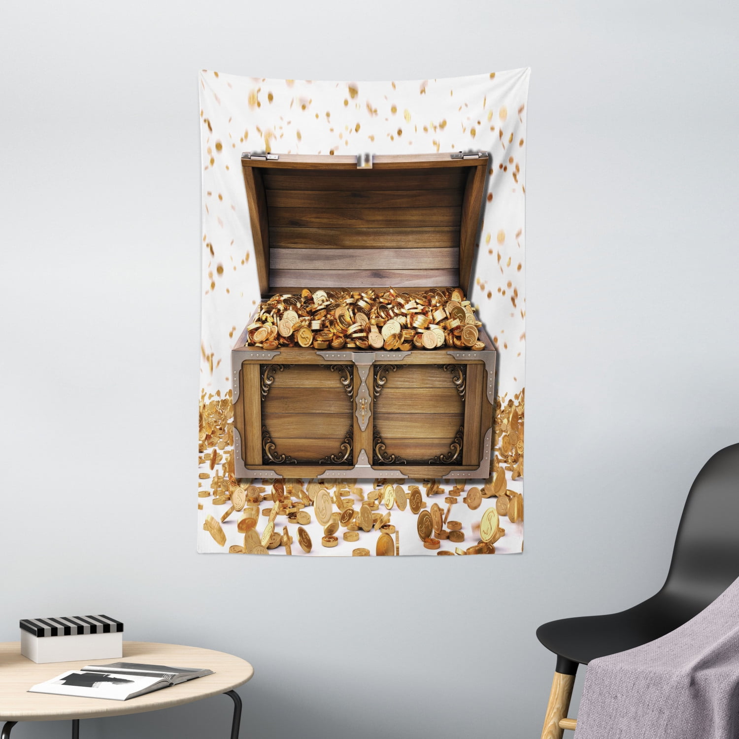 Vintage Tapestry, Golden Yellow Coins Pattern inside a Treasure Chest ...