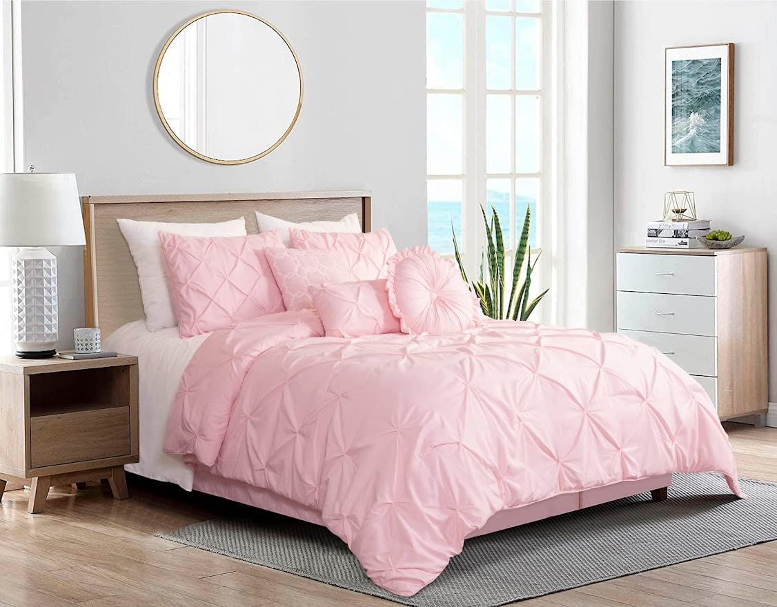 Chezmoi Collection Sydney 7-Piece Pintuck Comforter Set, Full, Pink ...