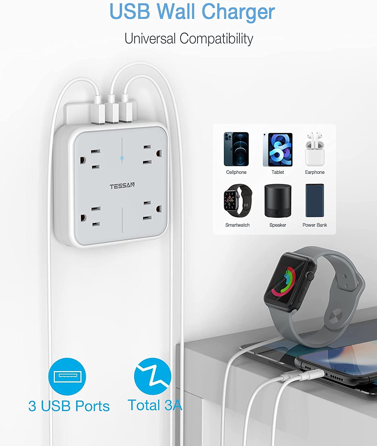 Buy TESSAN Multiple Outlet Wall Plug Surge Protection,3 USB 4 Outlets ...