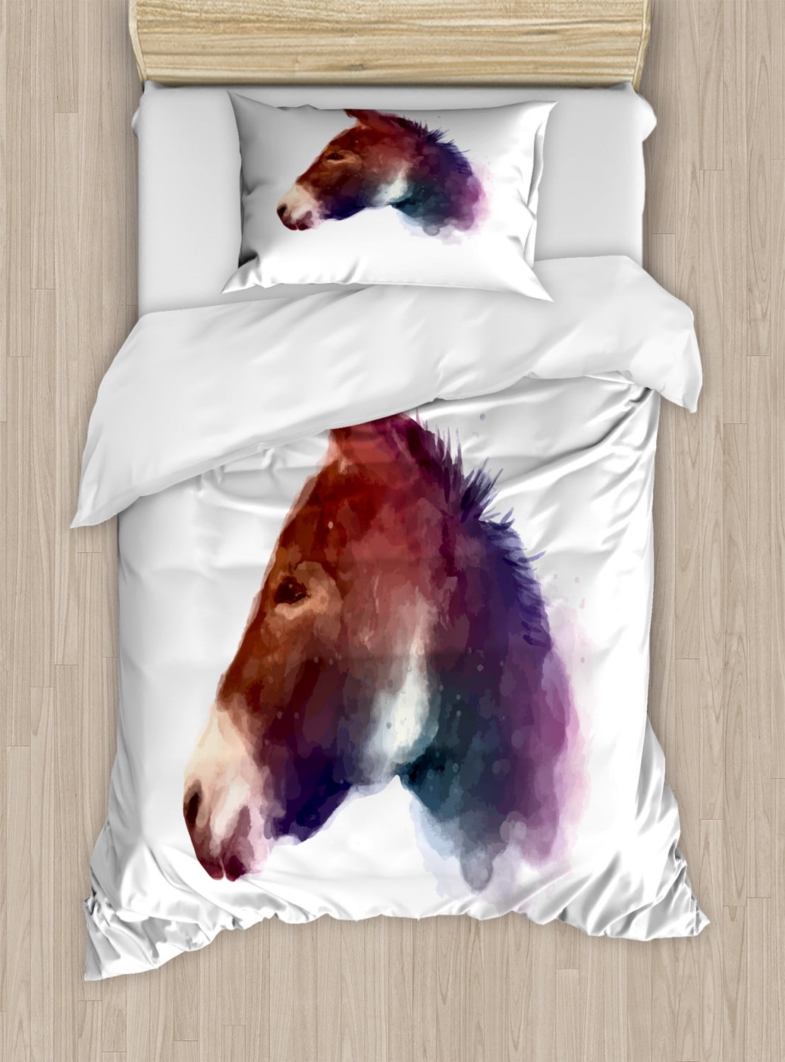 Donkey Duvet Cover Set Twin Size, Watercolor Style Donkey Portrait ...