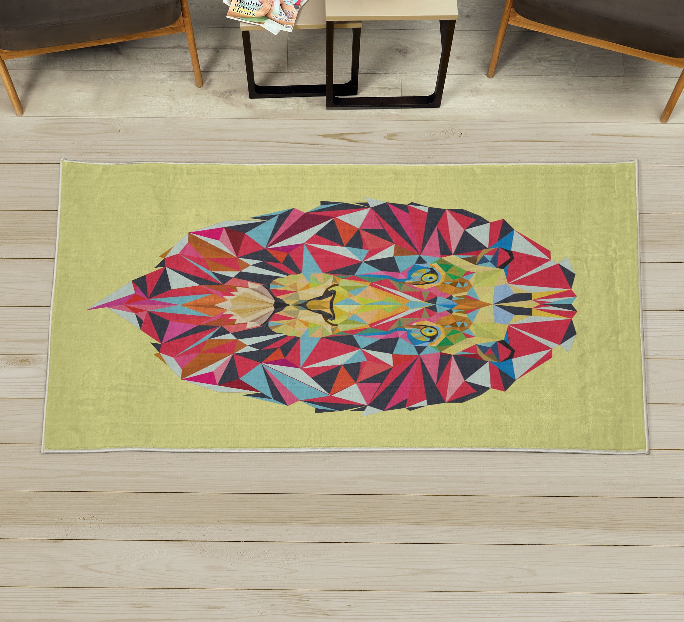Zoo Decorative Rug, Colorful Animals Geometric Diamond Face Lions Mane ...