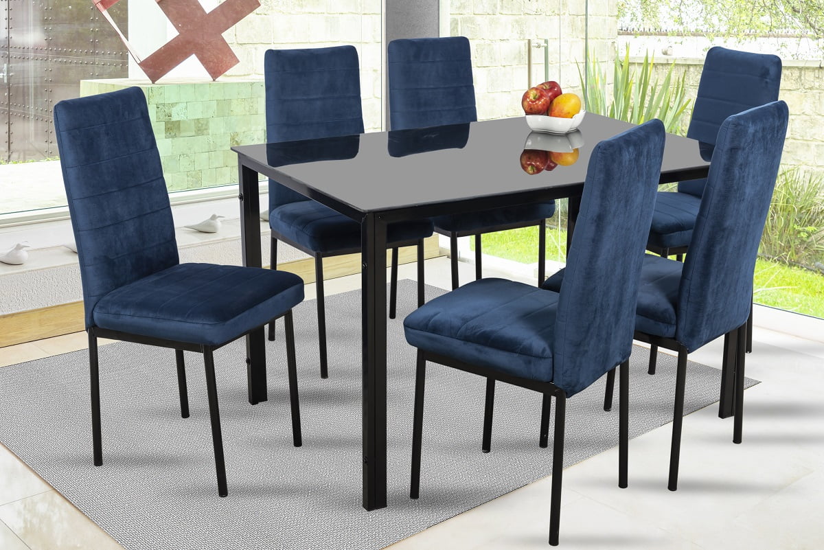Comedor Troya 6 MOBILKRAFT Azul Sillas Tubulares Cubierta de Cristal ...