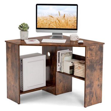 ODK Rustic Brown Corner Triangle Computer Desk with Storage & Keyboard ...
