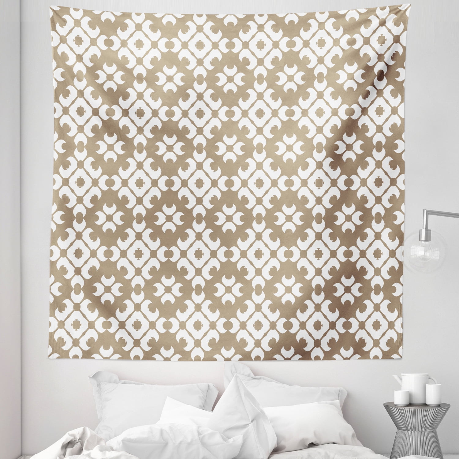 Tan and White Tapestry, Ornamental Floral Pattern Monochrome Abstract ...