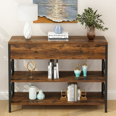 "Aiho 39"" Black Sofa Console Table with Storage, 2 Drawers & 3 Open ...