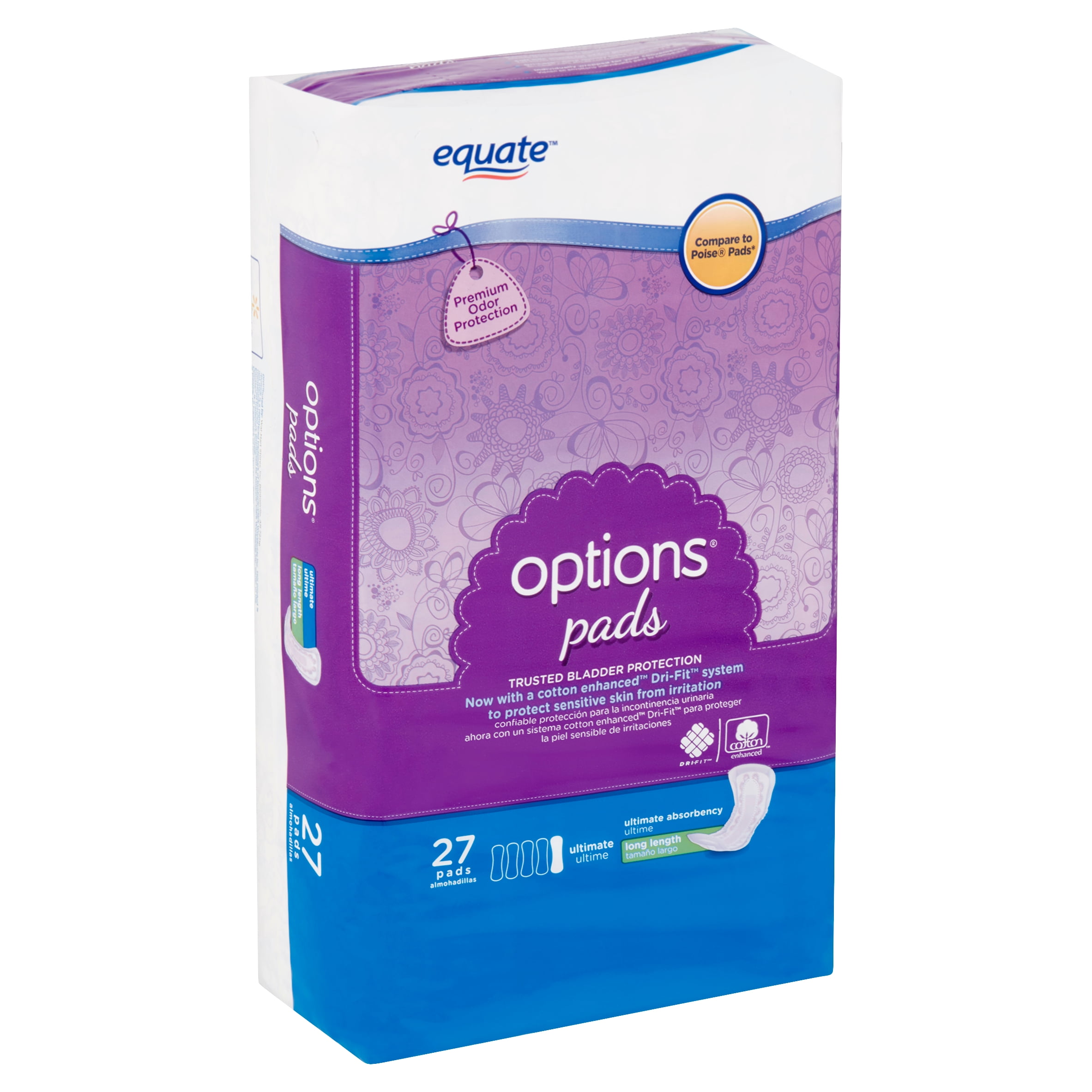 Equate Options Ultimate Absorbency Long Length Pads, 27 count – Walmart ...