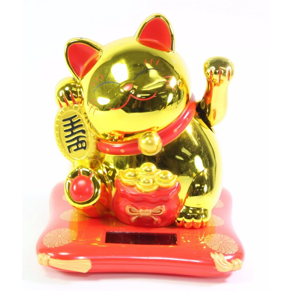 Large 5.5" Lucky Cat Maneki Neko Beckoning Fortune Gold Solar Toy Feng ...
