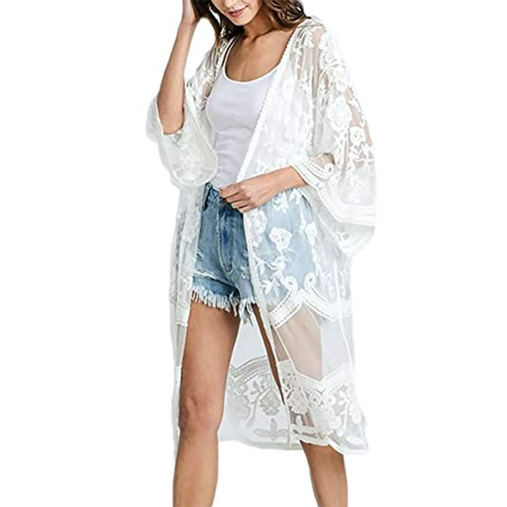 Bsubseach Bsubseach Women Mesh Lace Beach Kimono Cardigan Open Front