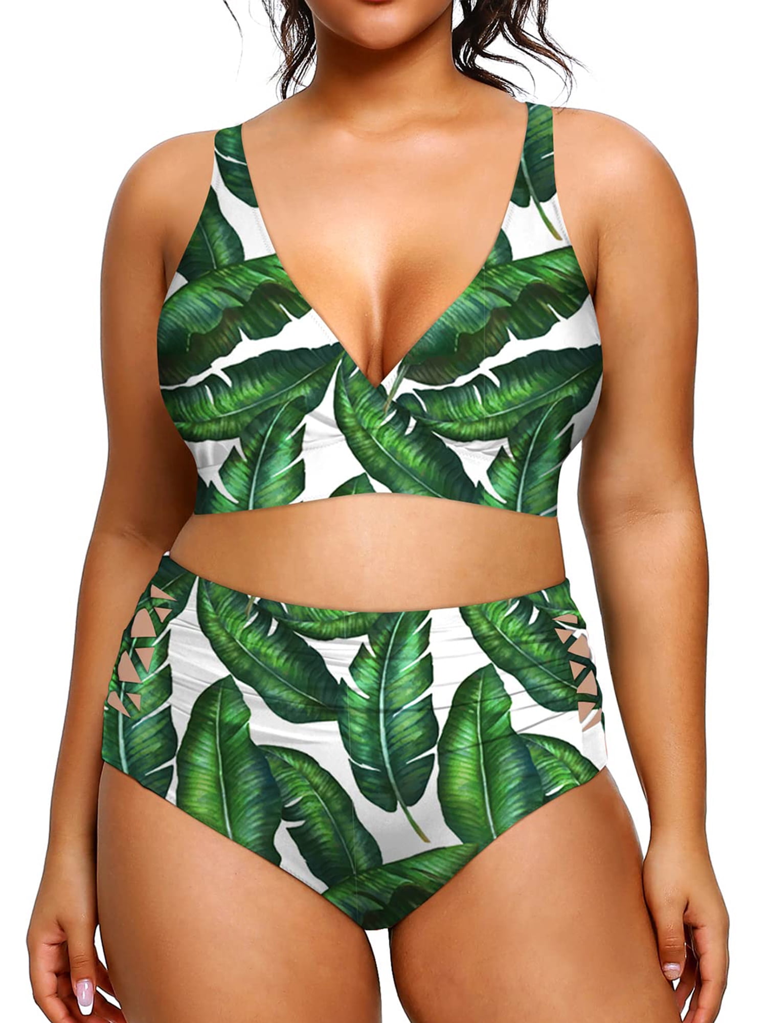 Womens Plus Size V Neck Bikini Set Two Piece High Waisted Swimsuits