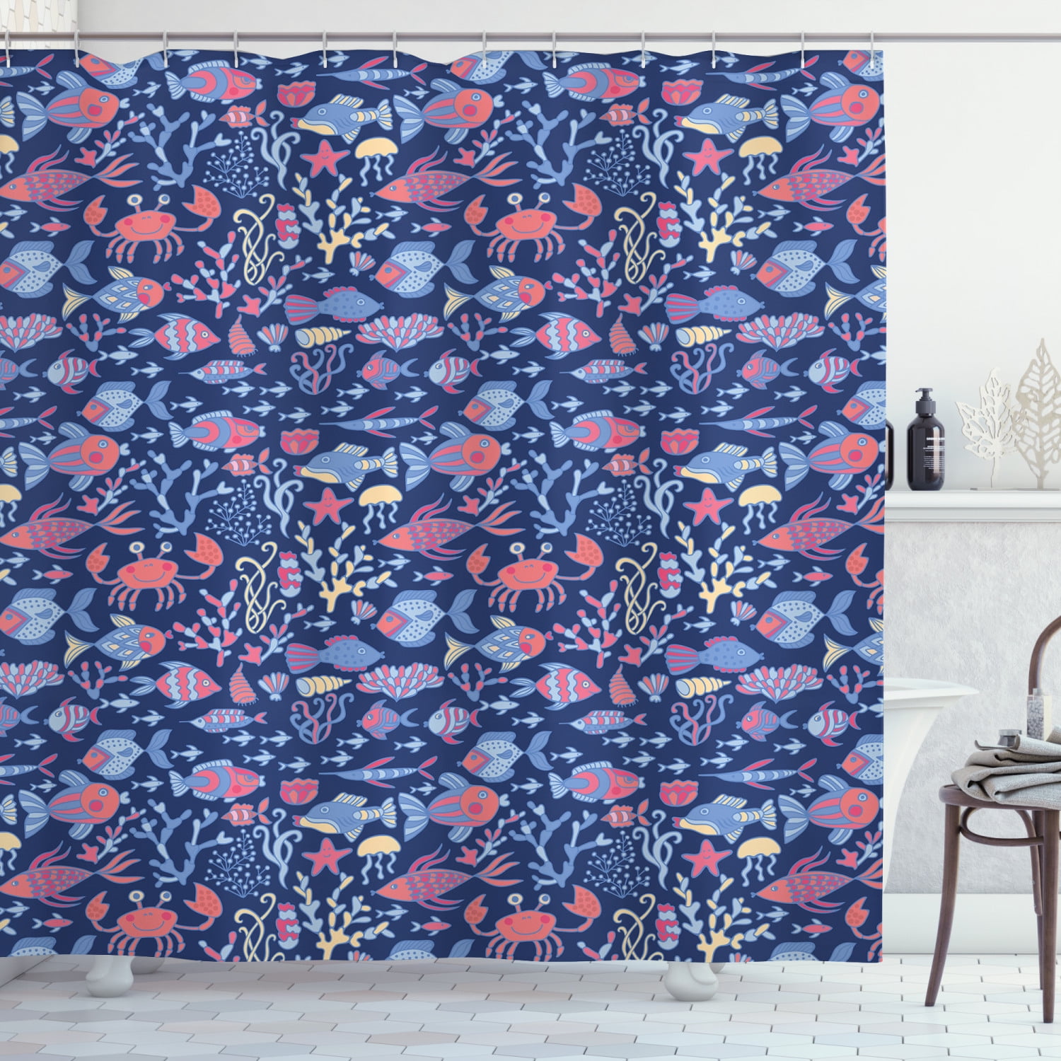 Under the Sea Shower Curtain, Funny Cartoon Design Various Fish ...