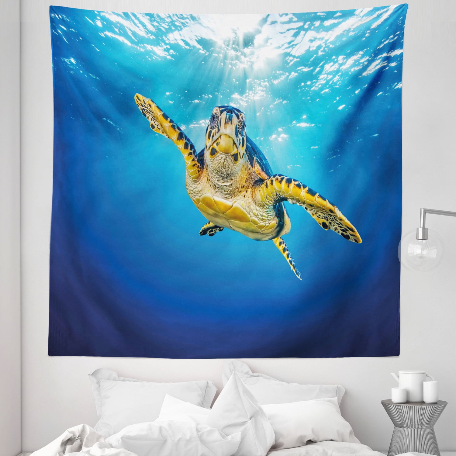 Turtle Tapestry, Eretmochelys Imbricata Swimming in Blue Waters Sun ...