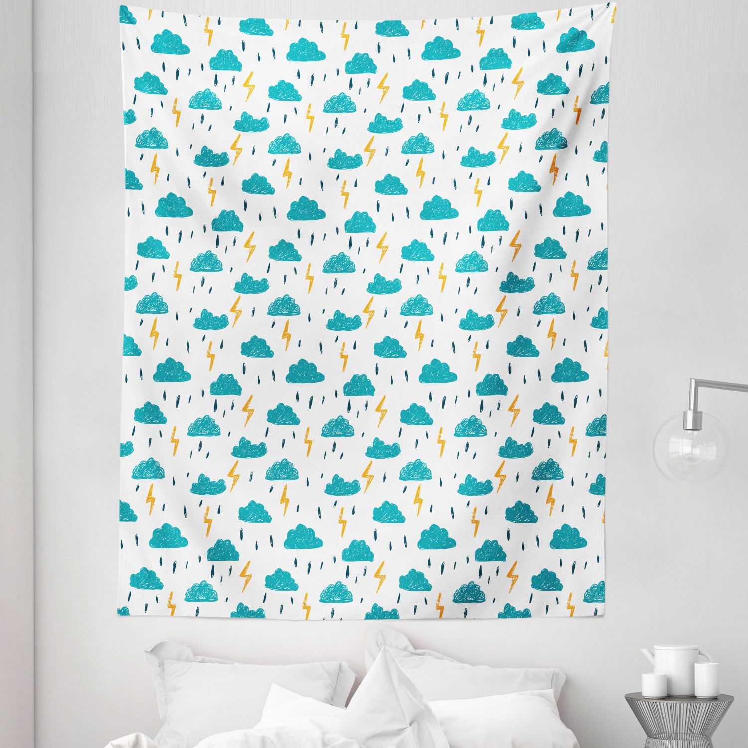 Winter Tapestry, Hand Drawn Style Blue Clouds and Bolts Drizzle Pattern ...