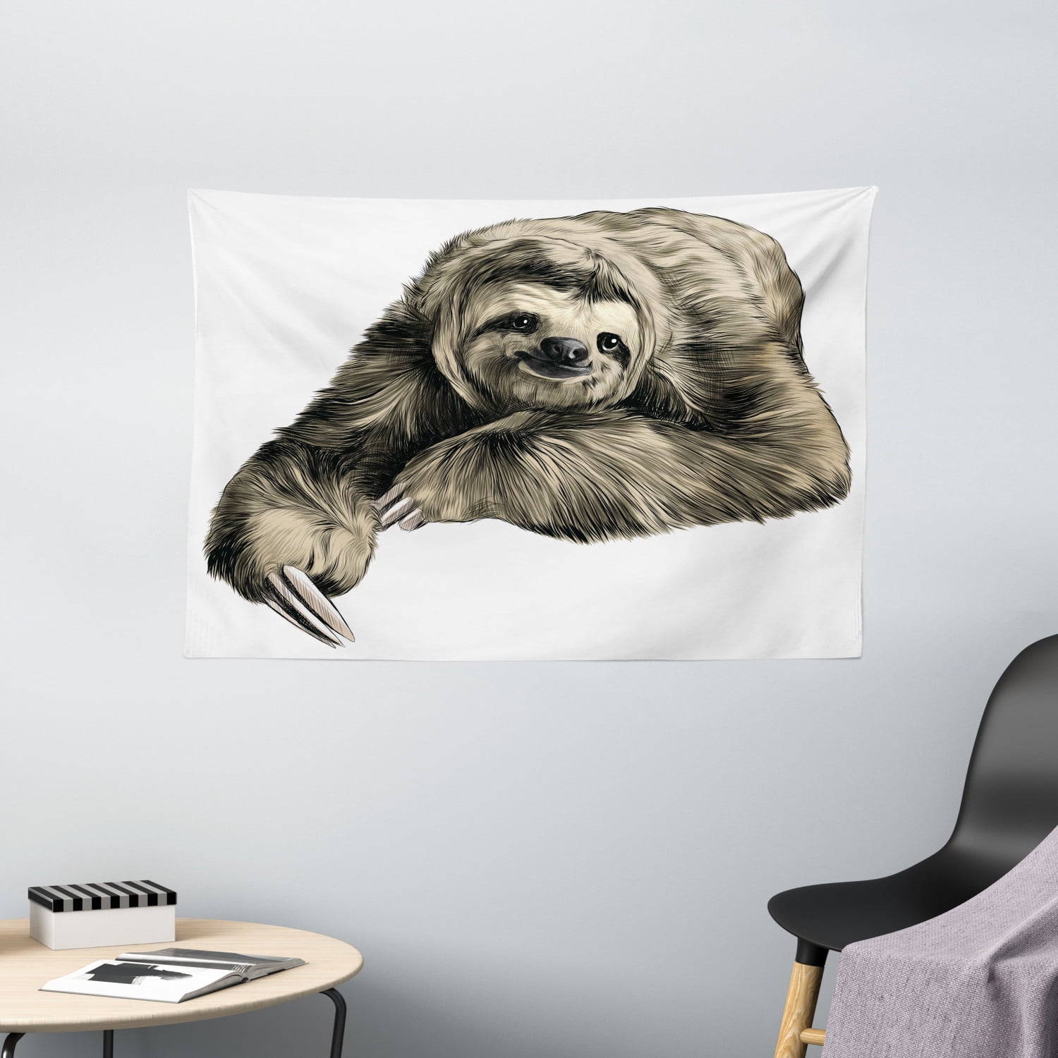 Sloth Tapestry, Sweetly Smiling Jungle Animal Lying Down with Crossed ...