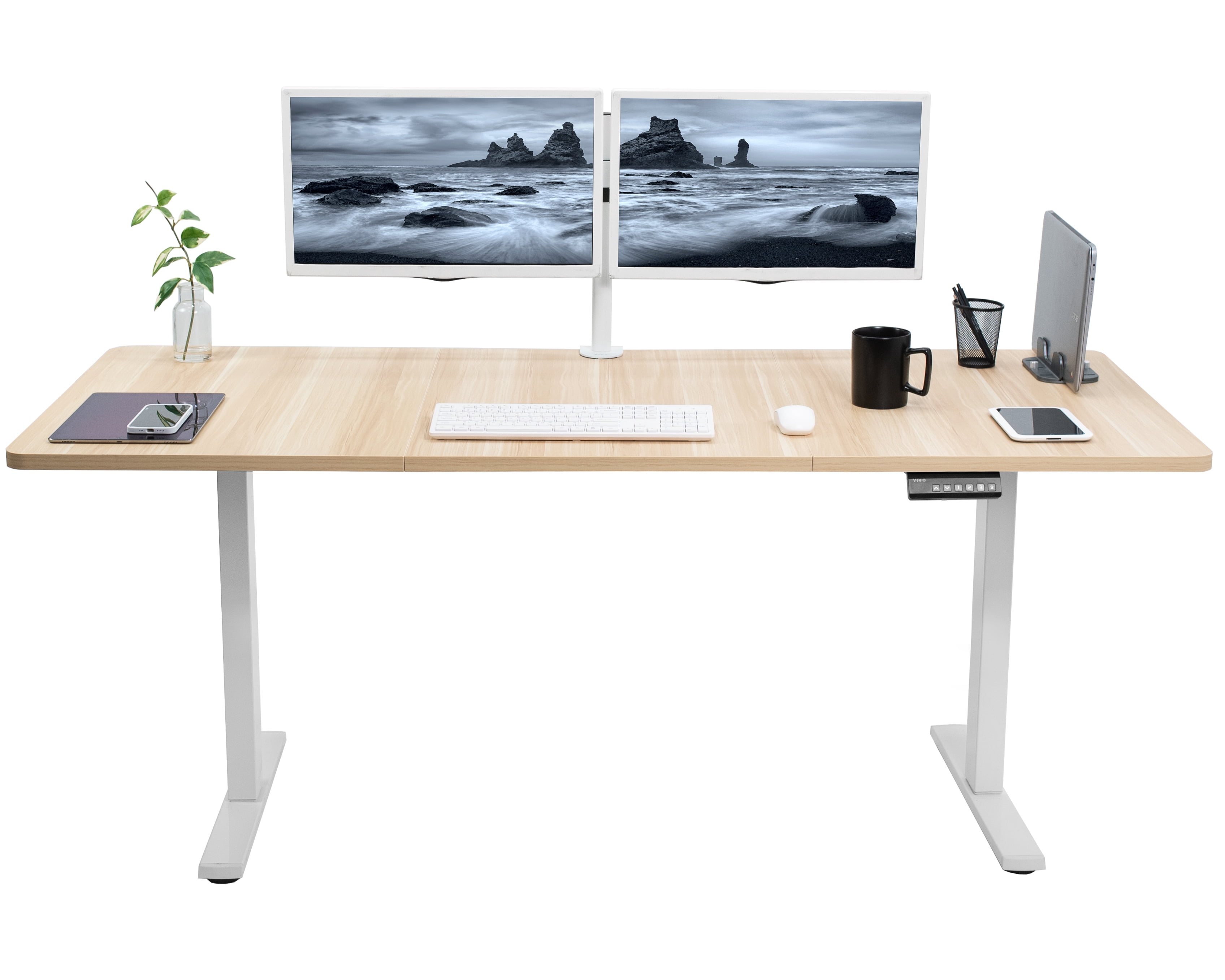 VIVO Electric Dual Motor 71” x 30” Standing Desk, Light Wood Top, White ...