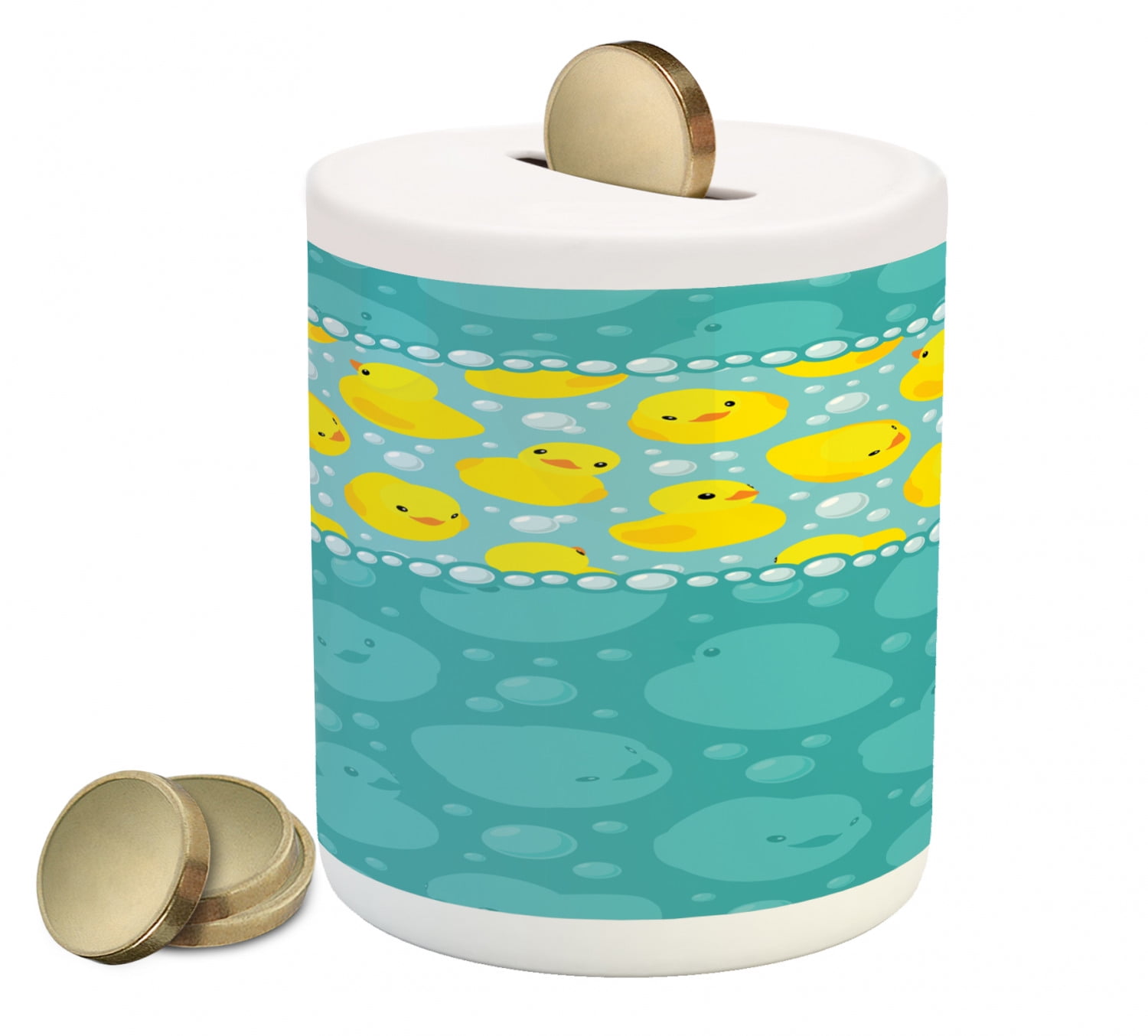 Rubber Duck Piggy Bank, Cartoon Style Duckies Swimming in Water Pattern ...