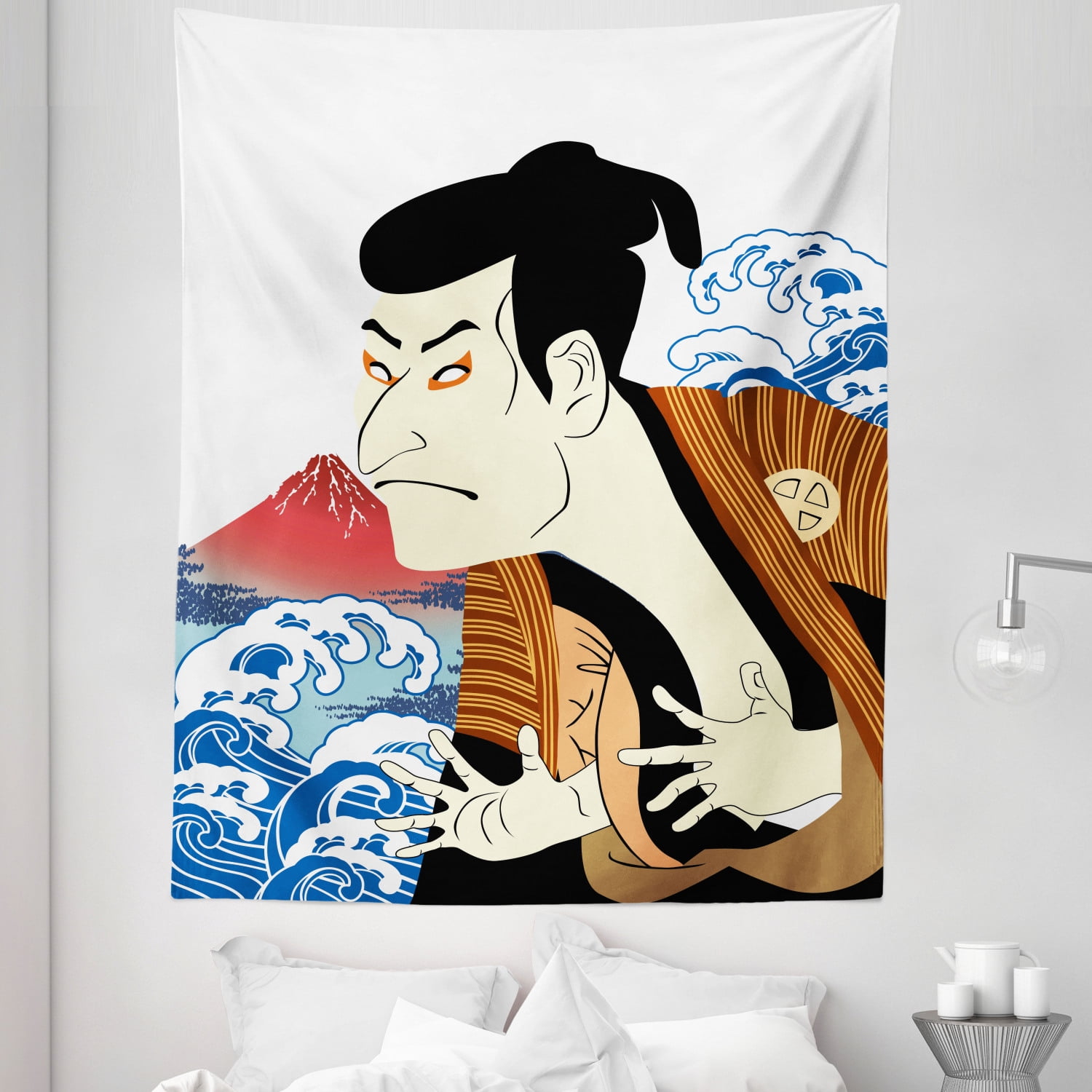 Kabuki Tapestry, Performer Portrait with Japanese Waves and Mount Hill ...