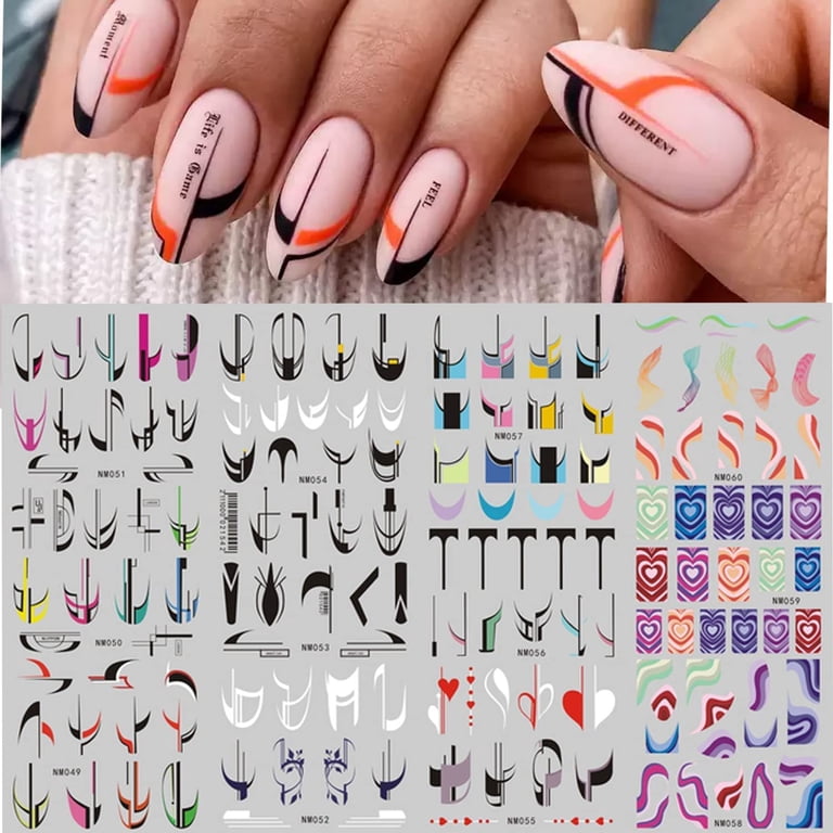 Nail Designs Decals 6 Sheets French Lines Nail Stickers,3D Gold Silver