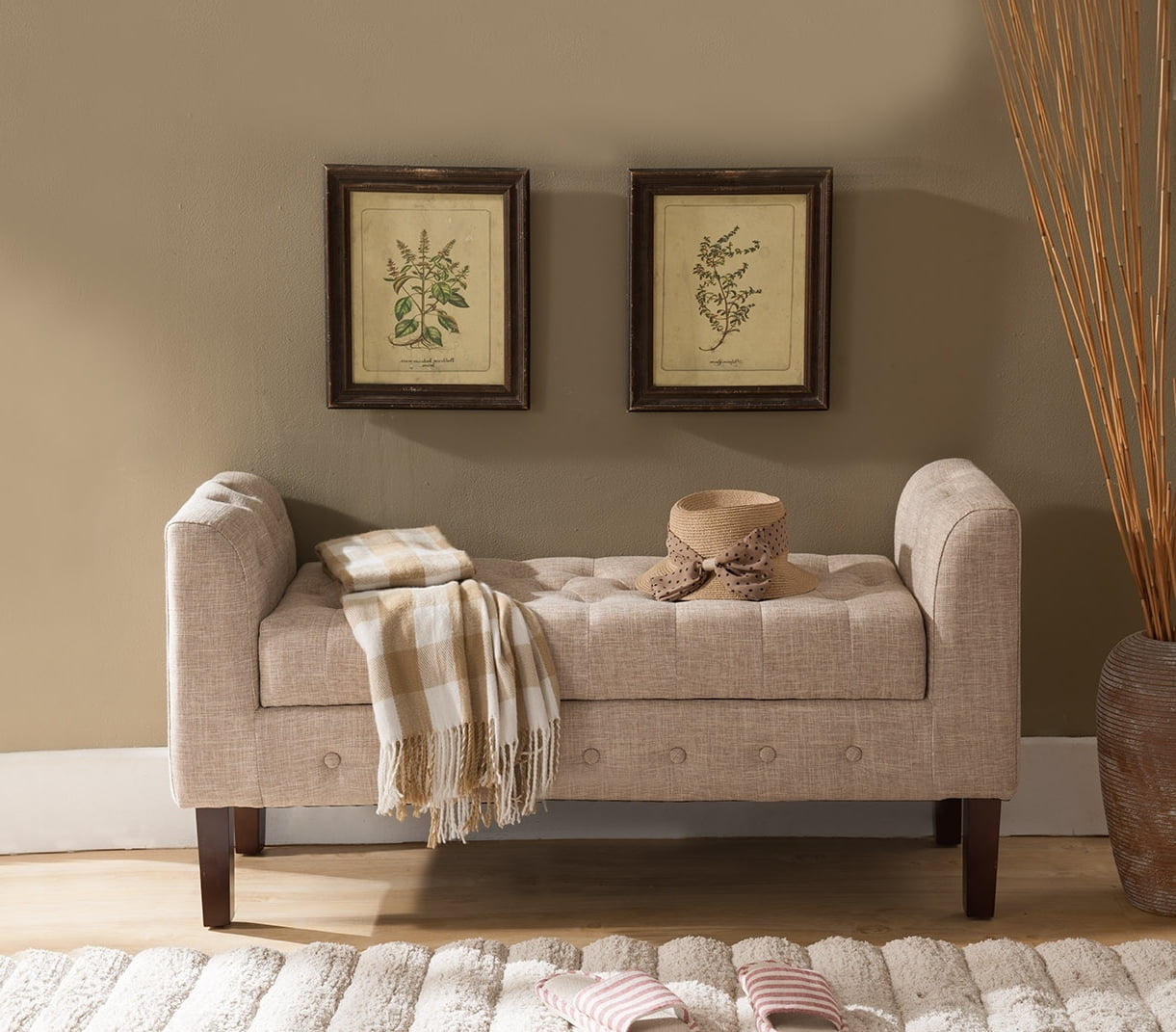 Trish Armed Tufted Storage Bench Ottoman, Upholstered Brown Microfiber ...