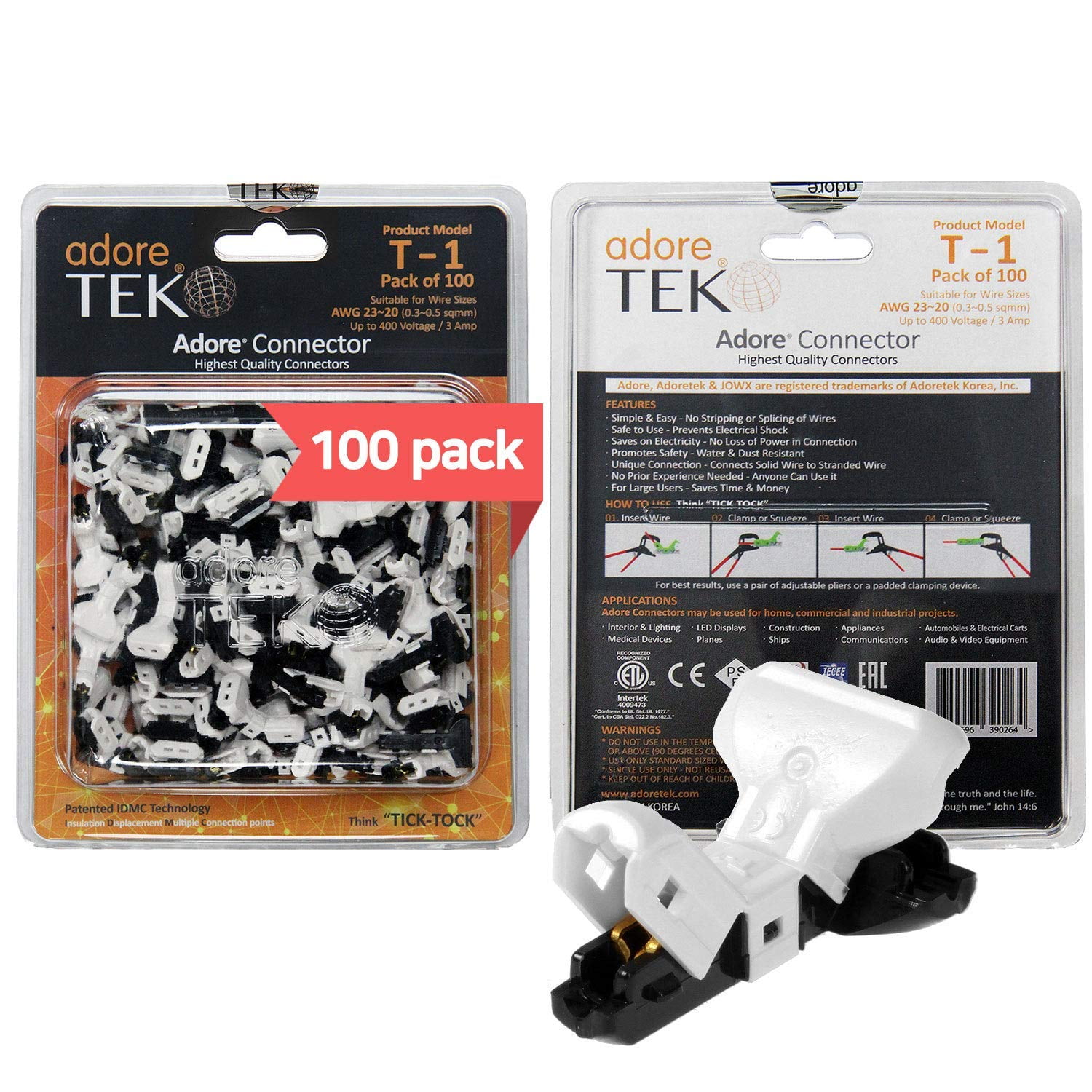Adoretek T-Type Wire Connector [T-1] NO Need to Peel NO-Splice NO-Tape ...
