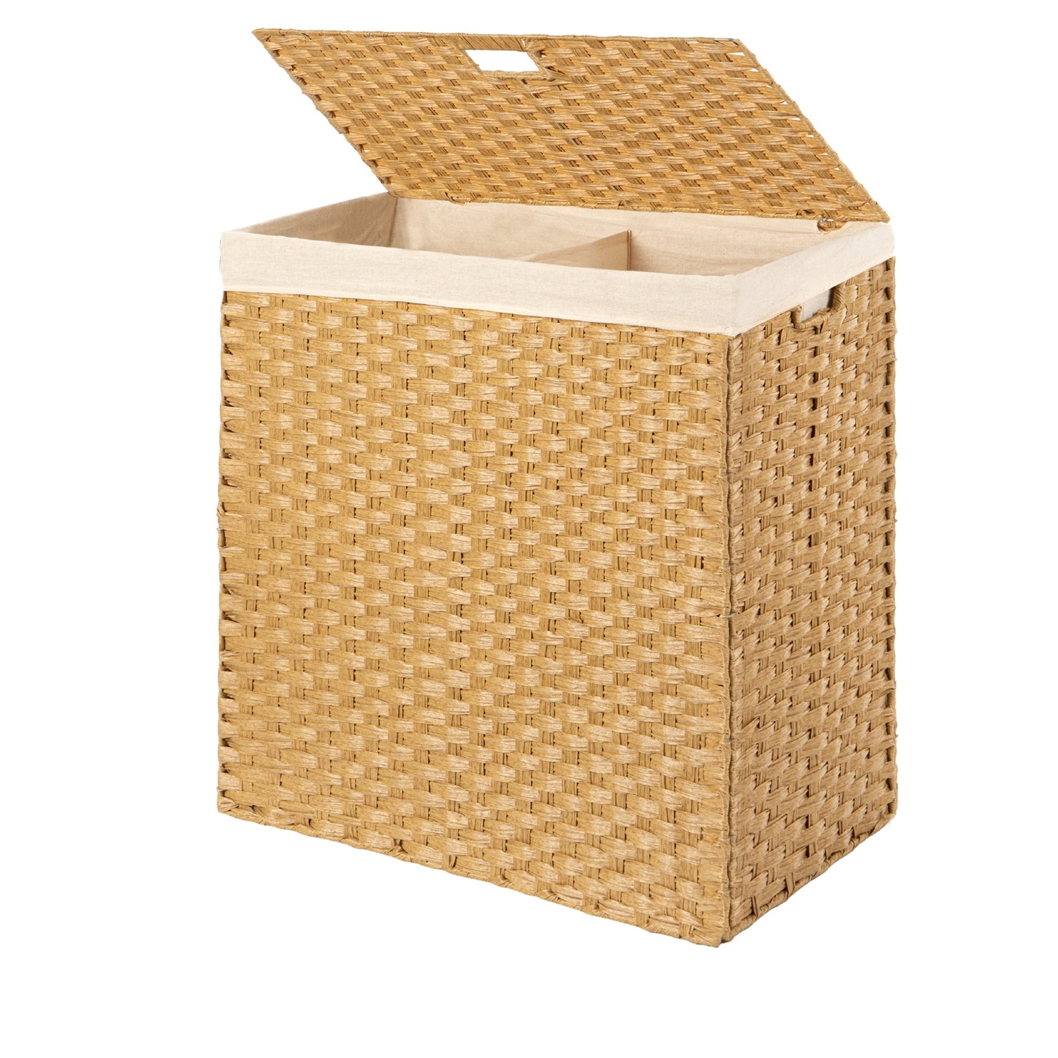 Folding 2-Bin Natural PE Wicker Linen Liner Laundry Hamper w/ Handles ...