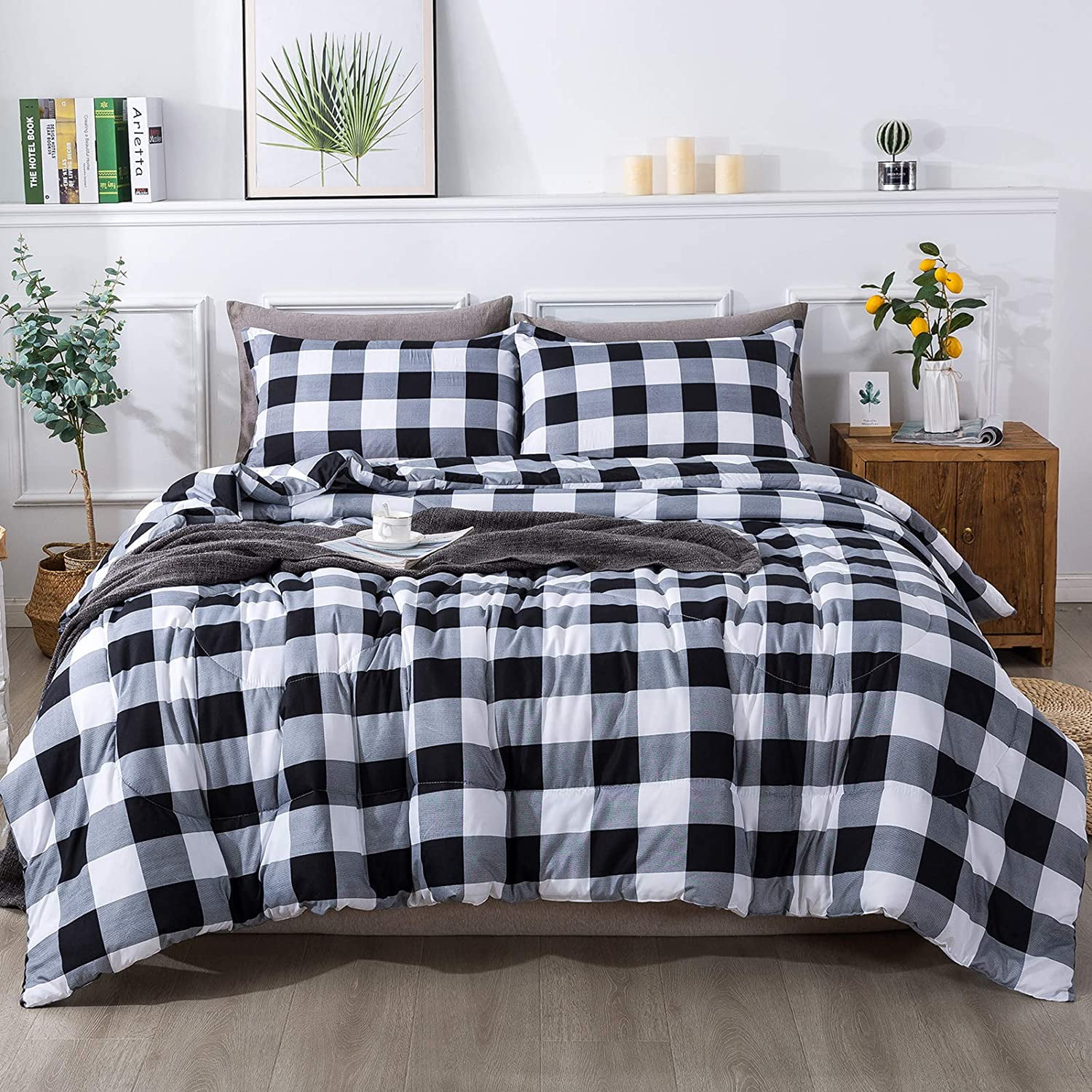 White Grid Comforter Queen(88x88 Inch), 3 Pieces(1 Plaid Comforter and ...