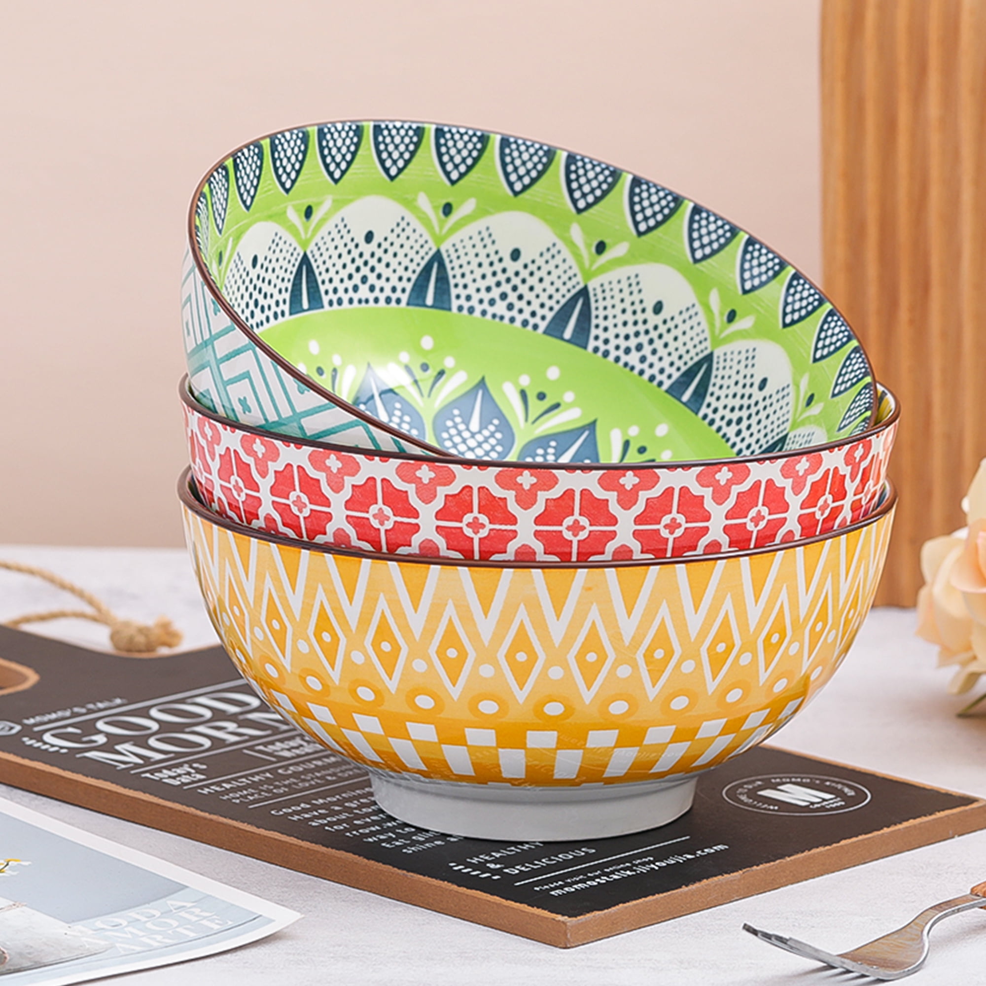 AHX Multicolor 3-Piece Round Porcelain Serving Bowl Set,57-oz Large ...