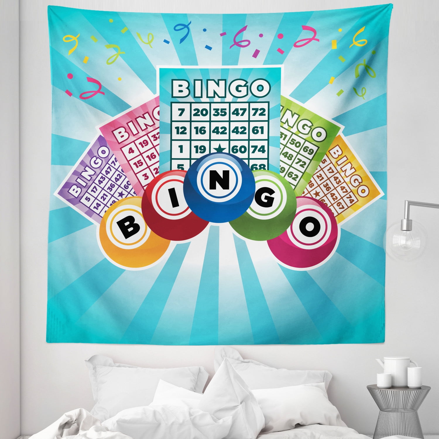 Bingo Tapestry, Colorful Illustration of Bingo Cards and Balls on Blue ...