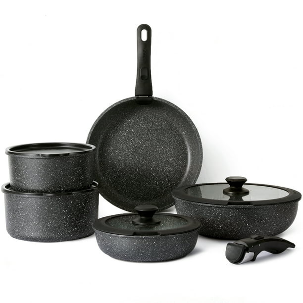 Carote 11PCS Nonstick Cookware Sets, Non Stick Pots and Pans Set with Removable Handle, Black ...