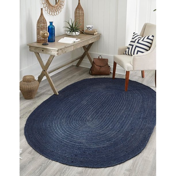 DecorAvenue Hand Woven Braided Farmhouse Jute Area Rug Navy Blue Color ...