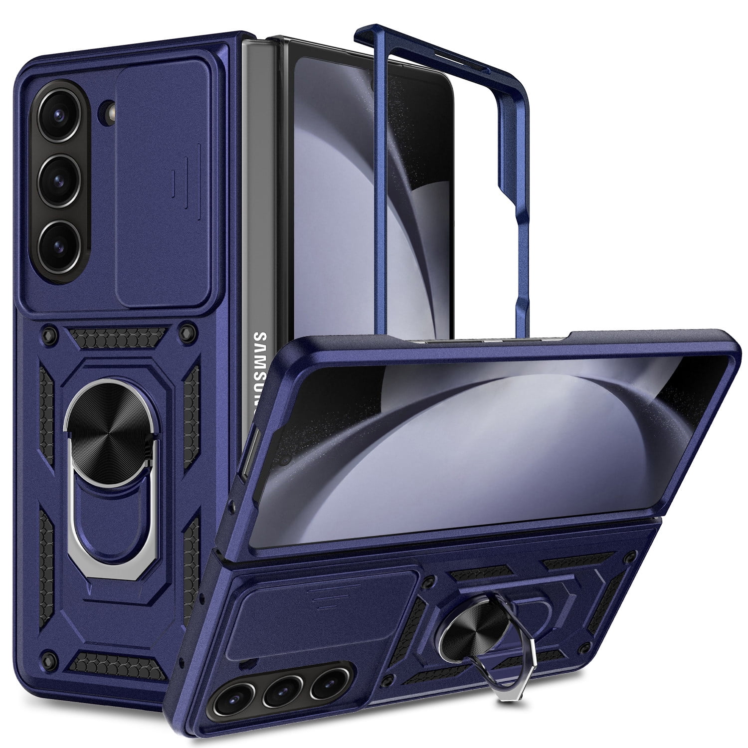 Elegant Choise Case with Ring Stand and Slide Camera Lens for Samsung Galaxy Z Fold 5 5G, Blue ...