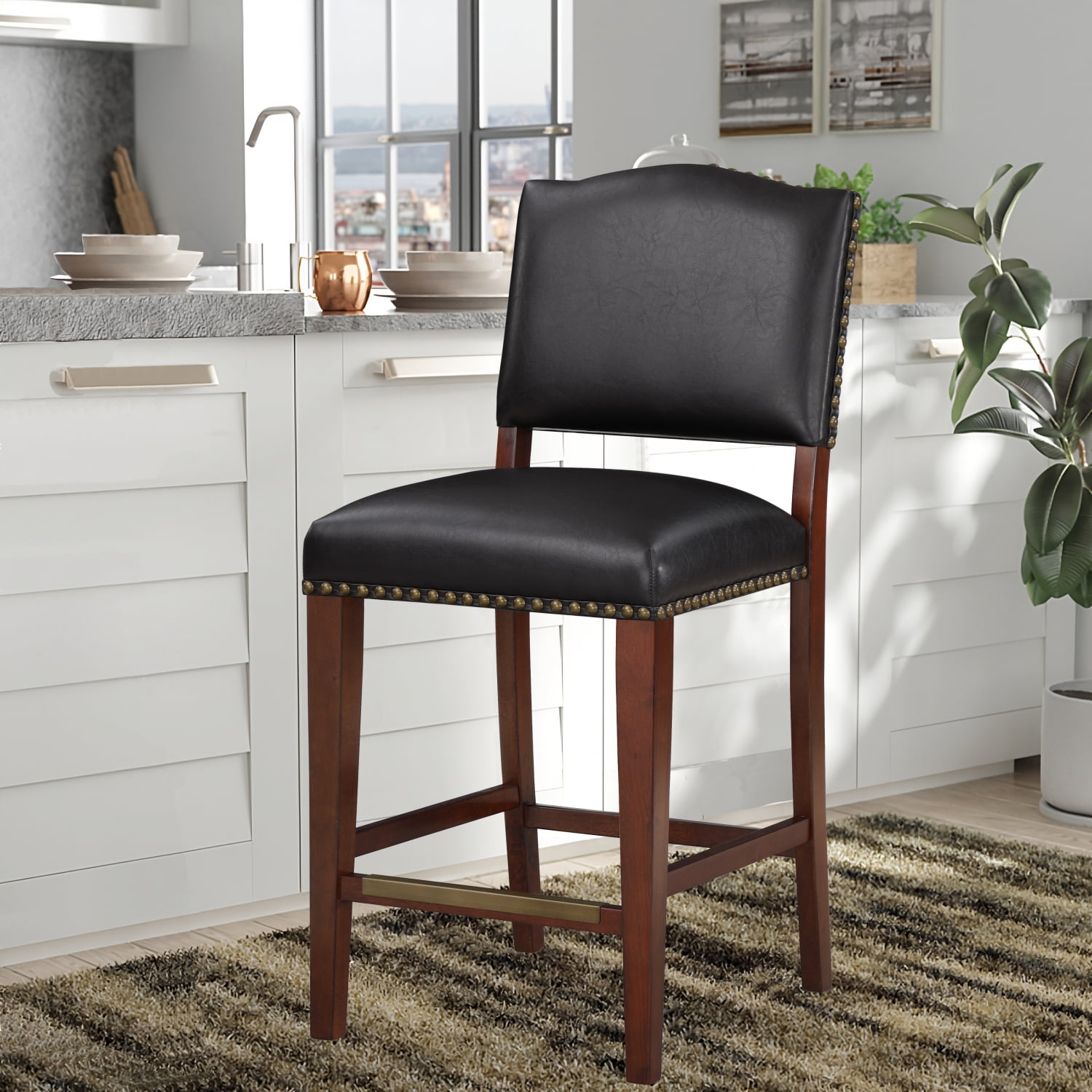 Danbers Stationary Faux Leather Brown Counter Stool with Nail Heads ...