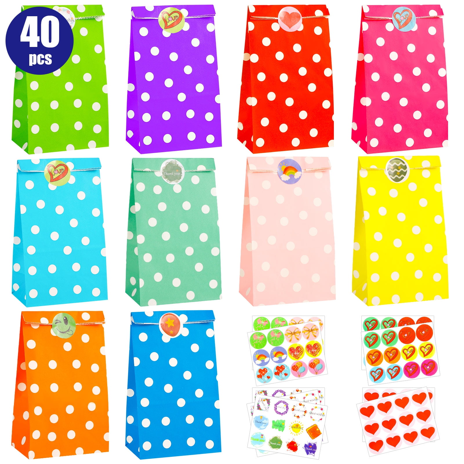 BUBABOX 40 Pcs Kids Party Favor Bags with Stickers, 9x5x3 Inch Polka ...