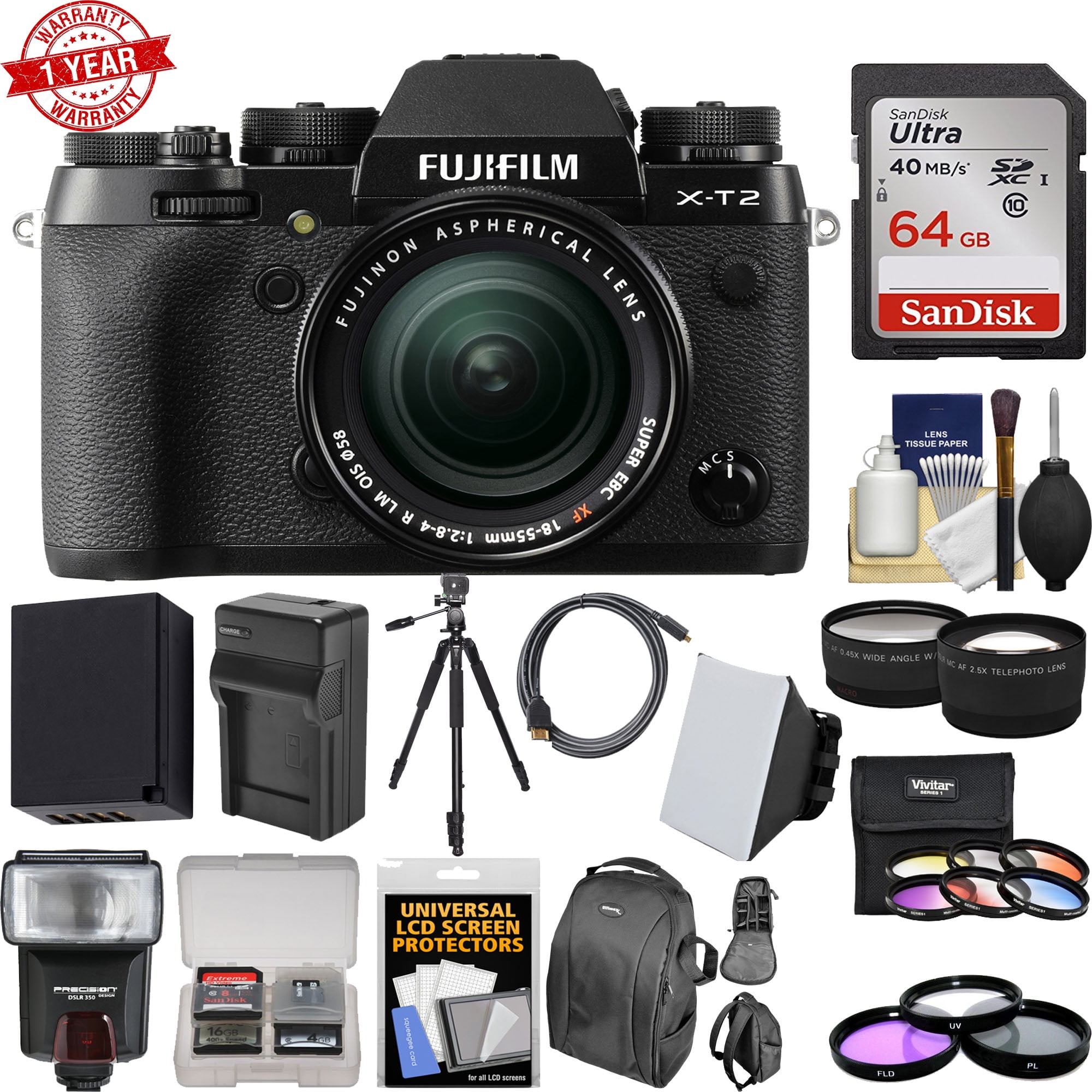 Fujifilm X-T2 4K Wi-Fi Digital Camera & 18-55mm XF Lens with 64GB Card ...