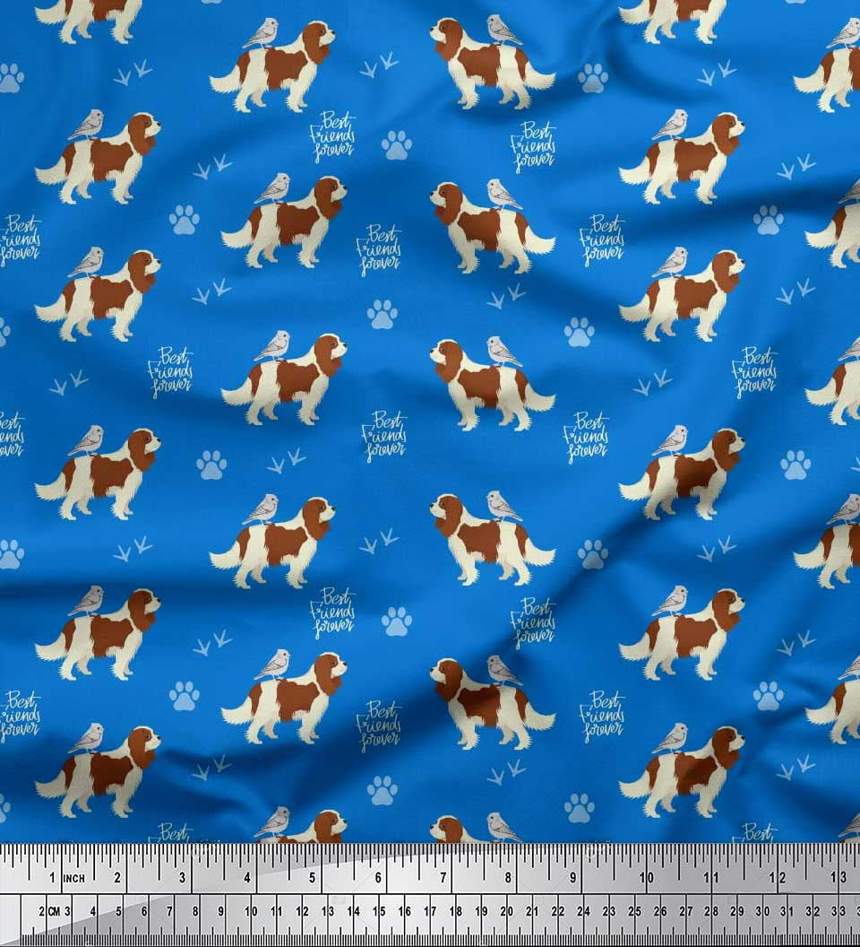 Soimoi Blue Viscose Chiffon Fabric Bird,Paw & Cocker Spaniel Dog Print ...