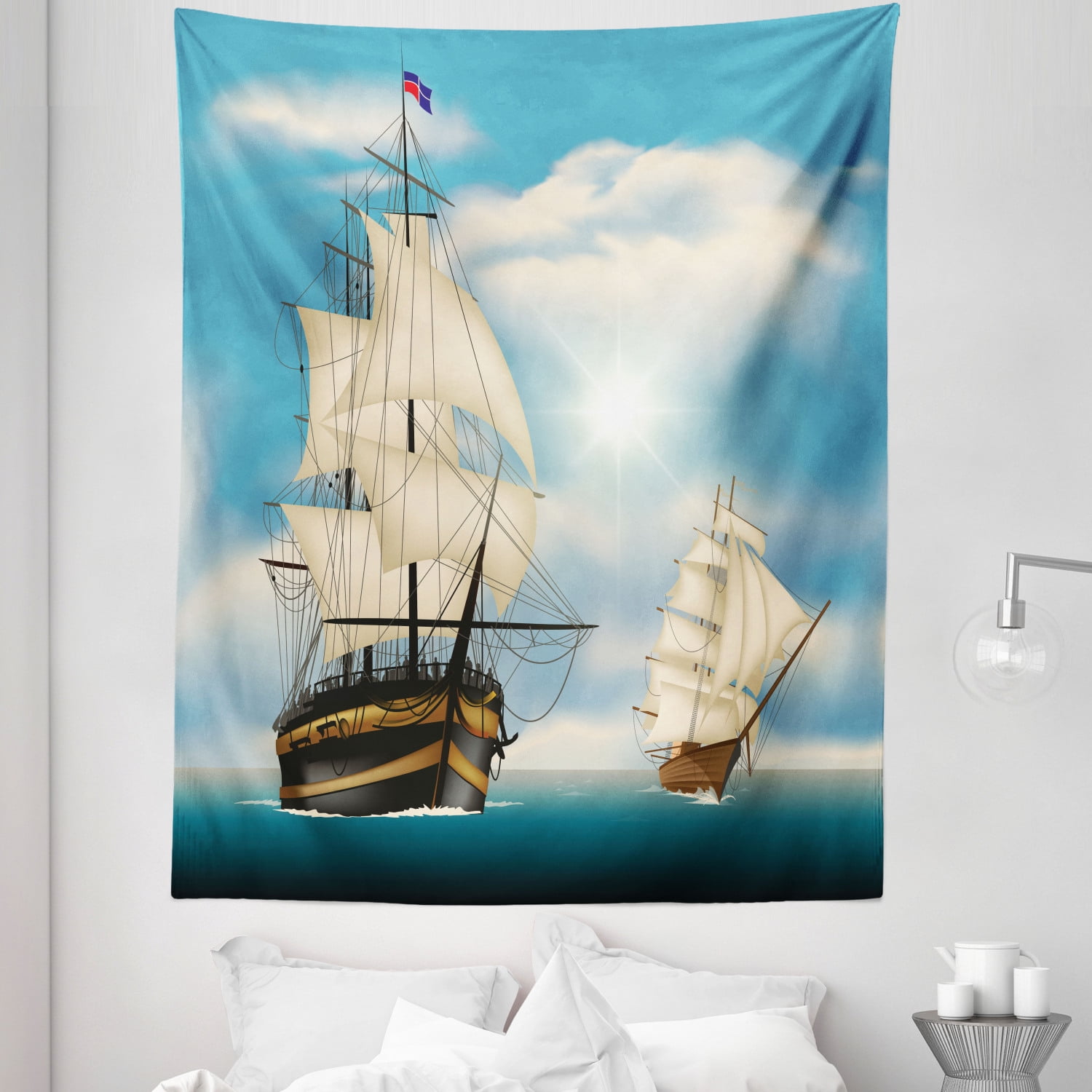 Vintage Boat Tapestry, Ships Sailing in the Ocean in a Clear Sunny Day ...