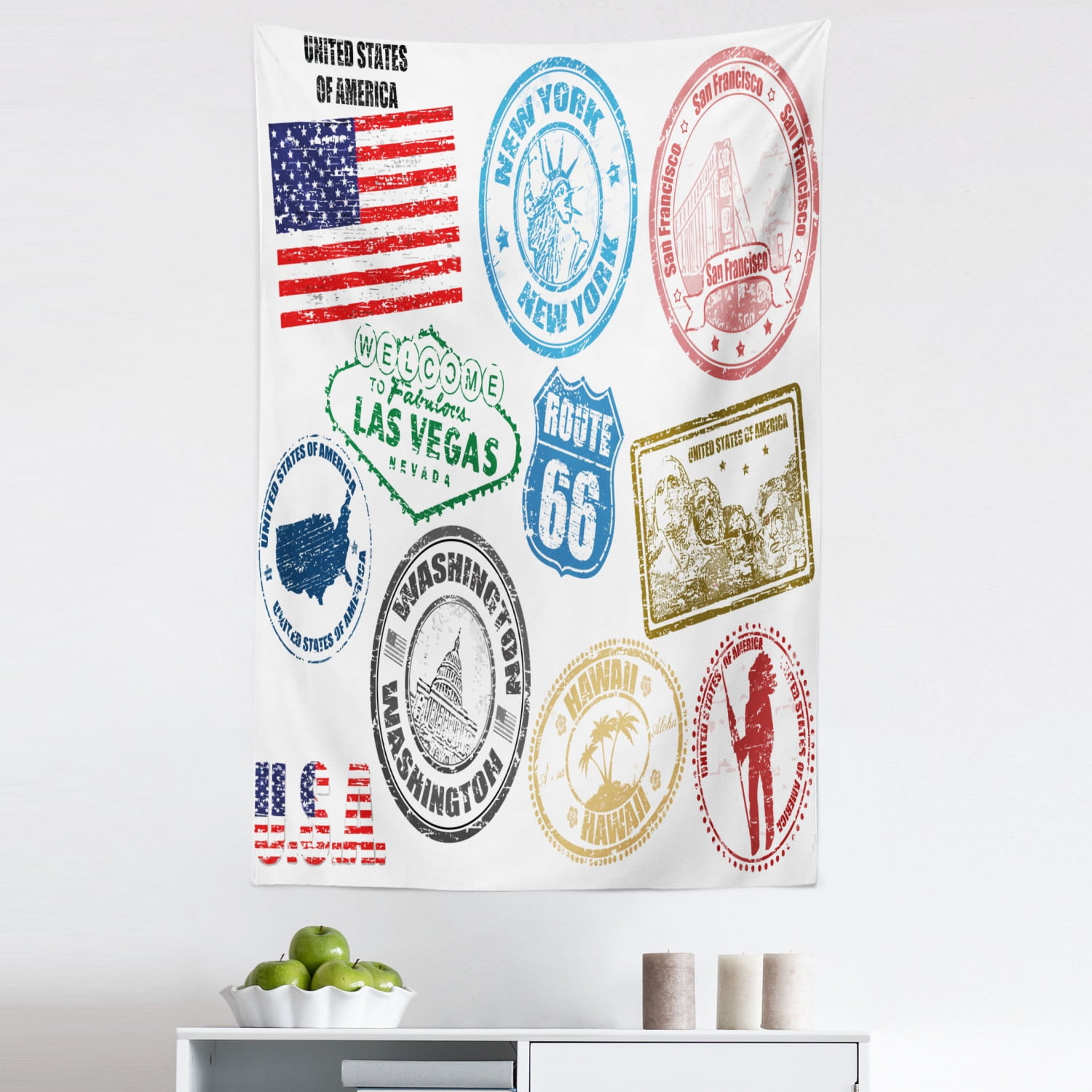United States Tapestry, Grunge Stamps of America Las Vegas New York San ...