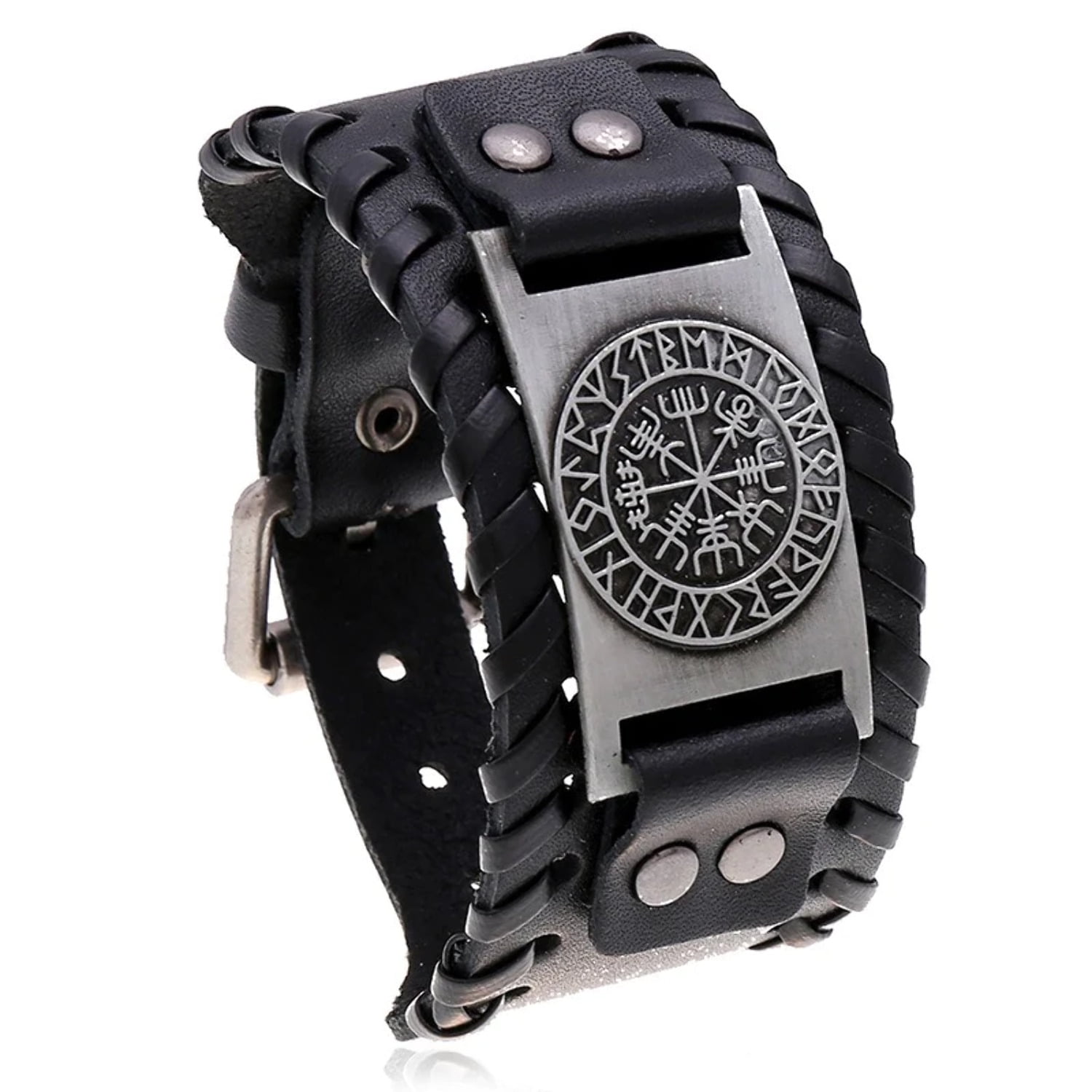 Norse Nordic Leather Viking Bracelet with Norse Vegvisir Compass Symbol ...