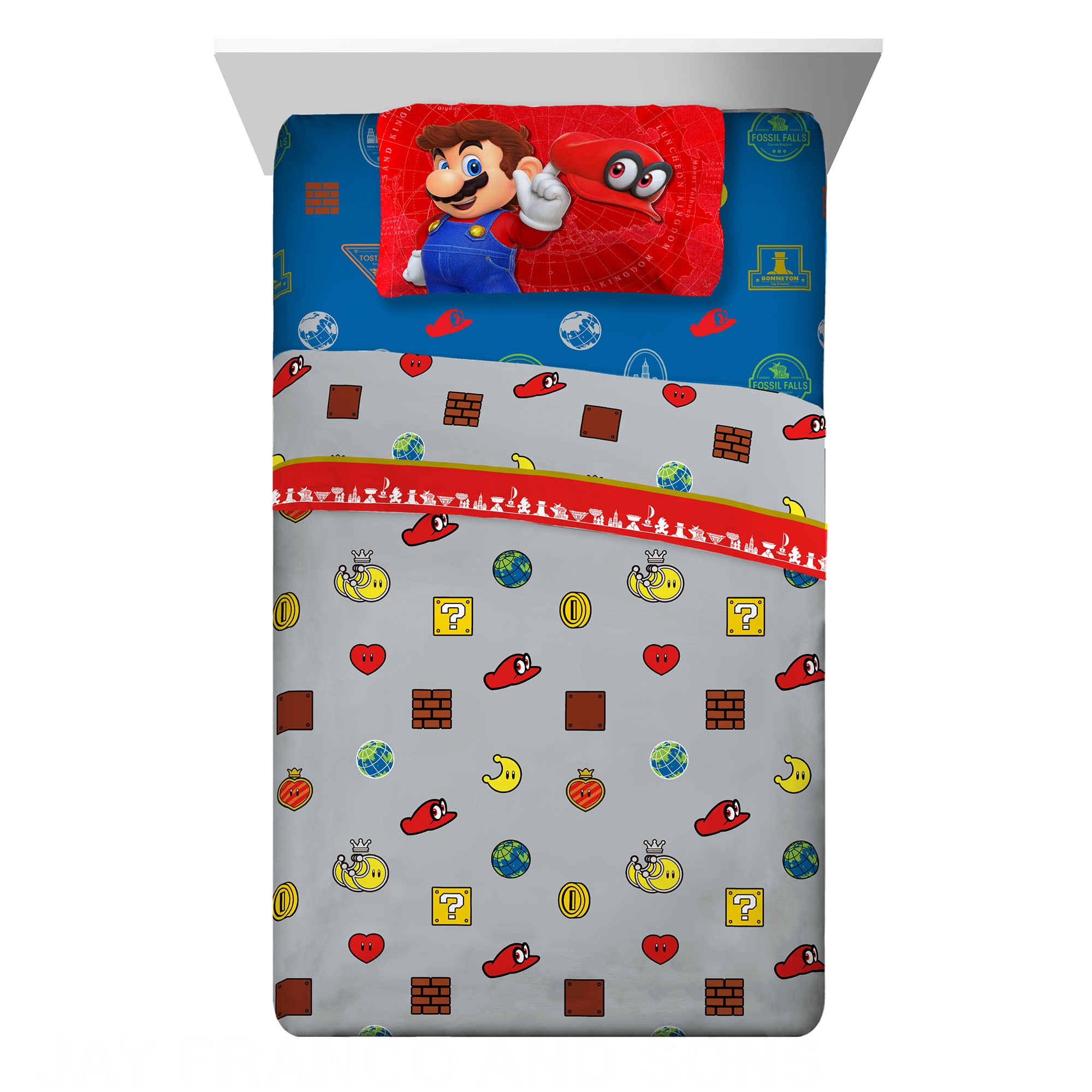 Super Mario Kids Twin Sheet Set, Gaming Bedding, Gray and Blue ...