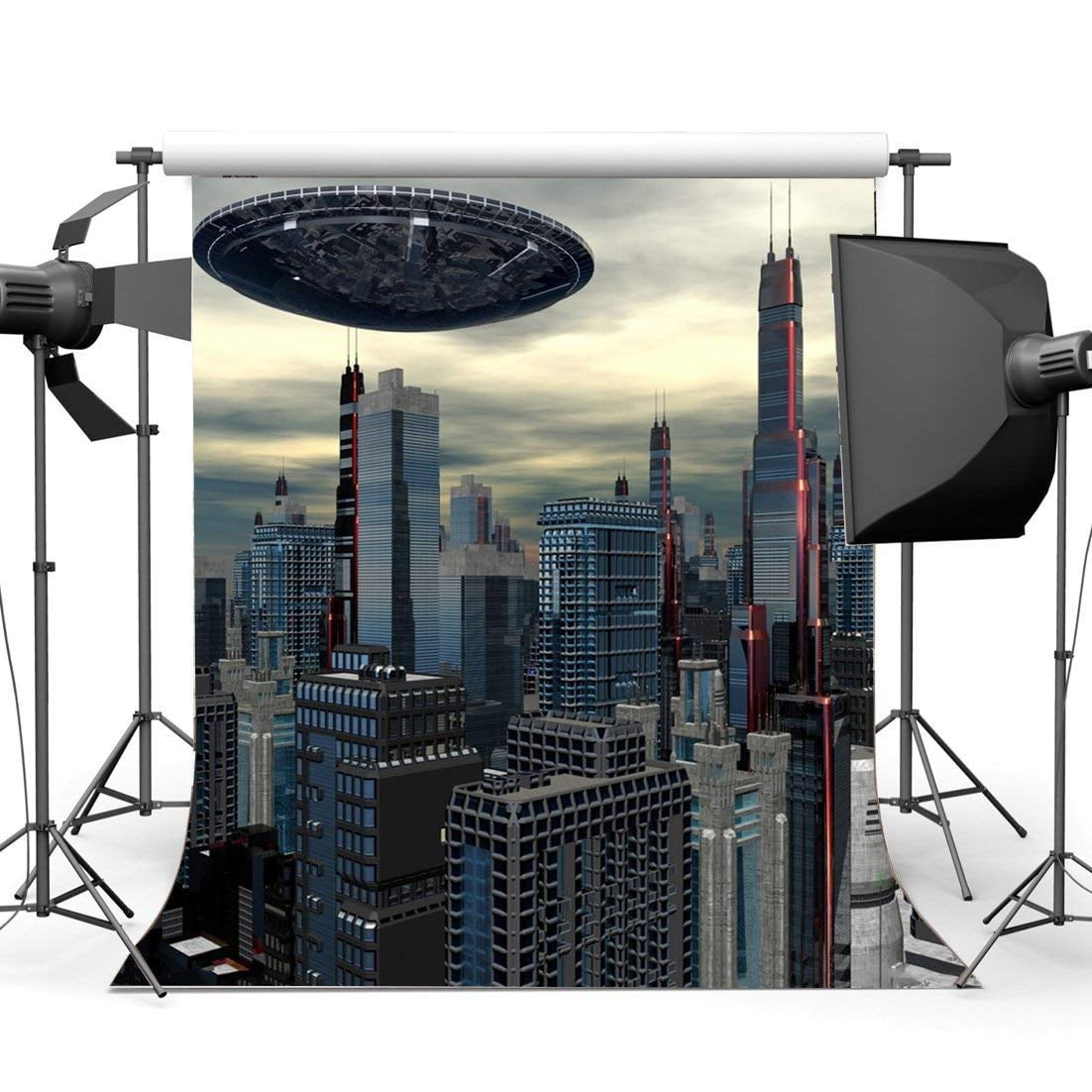 ABPHOTO Polyester 5x7ft UFO Backdrop Skyscraper Unidentified Flying ...