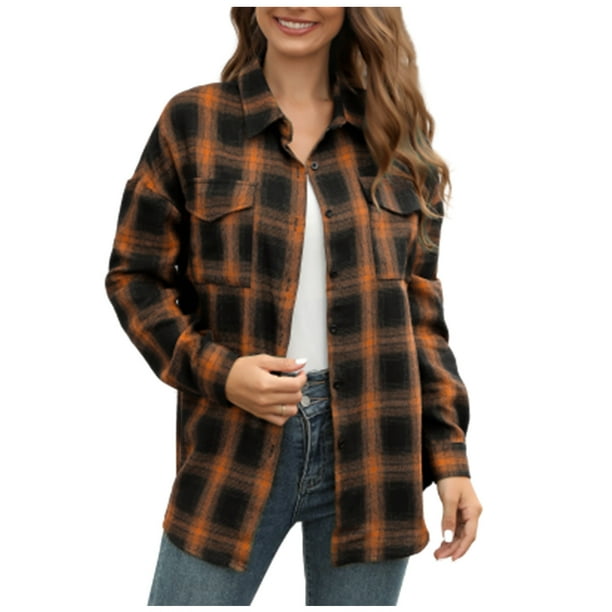 jsaierl Women's Button Down Flannel Shirts Plaid Shacket Long Sleeve ...