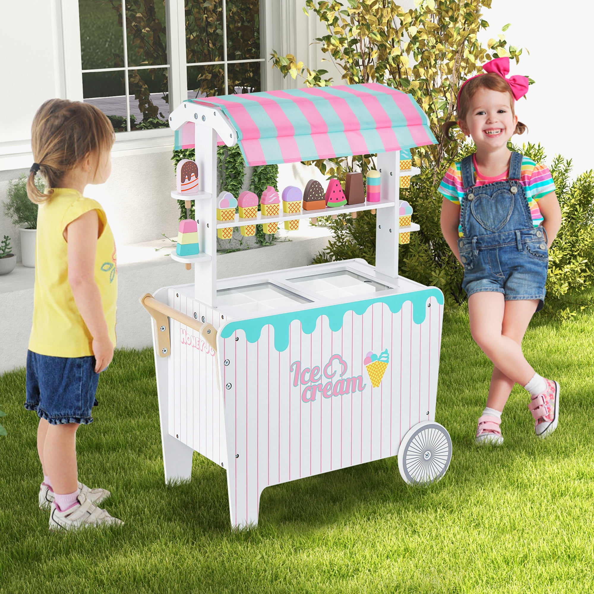 Costway Kid s Ice Cream Cart Food Trunk Play Toy Set with Display Rack Accessories