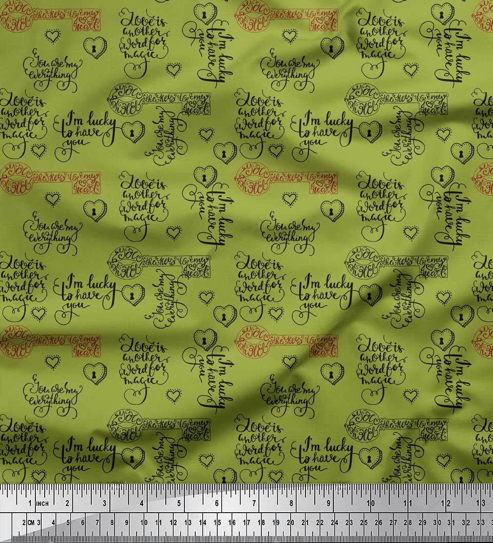 Soimoi Green Cotton Poplin Fabric Positive Quotes & Heart Text Print ...