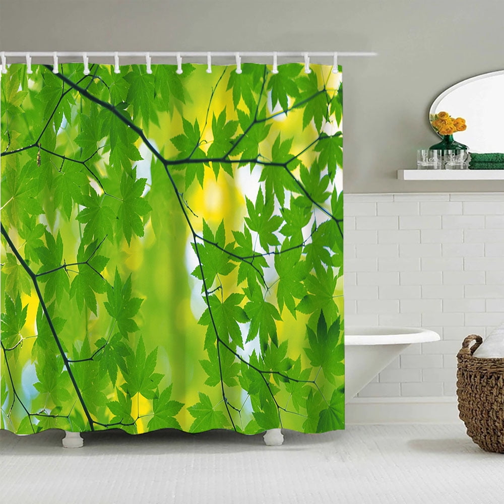 Nature Shower Curtain Non-perforated Curtain Green Leaf Fog Forest Lake ...