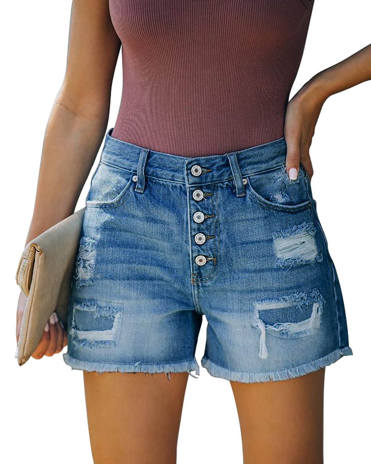 ONLYSHE Ripped Denim Shorts for Women Blue Hot Summer Casual High ...