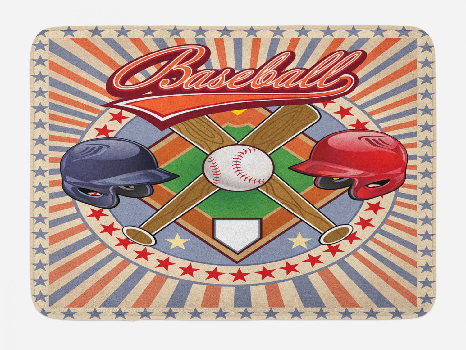 Baseball Bath Mat, Retro Pop Art Baseball Logo with Vertical Striped ...