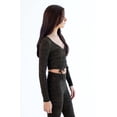 Black & Gold Thread Ruched Crop Top - Long Sleeve V-Neck Party ...