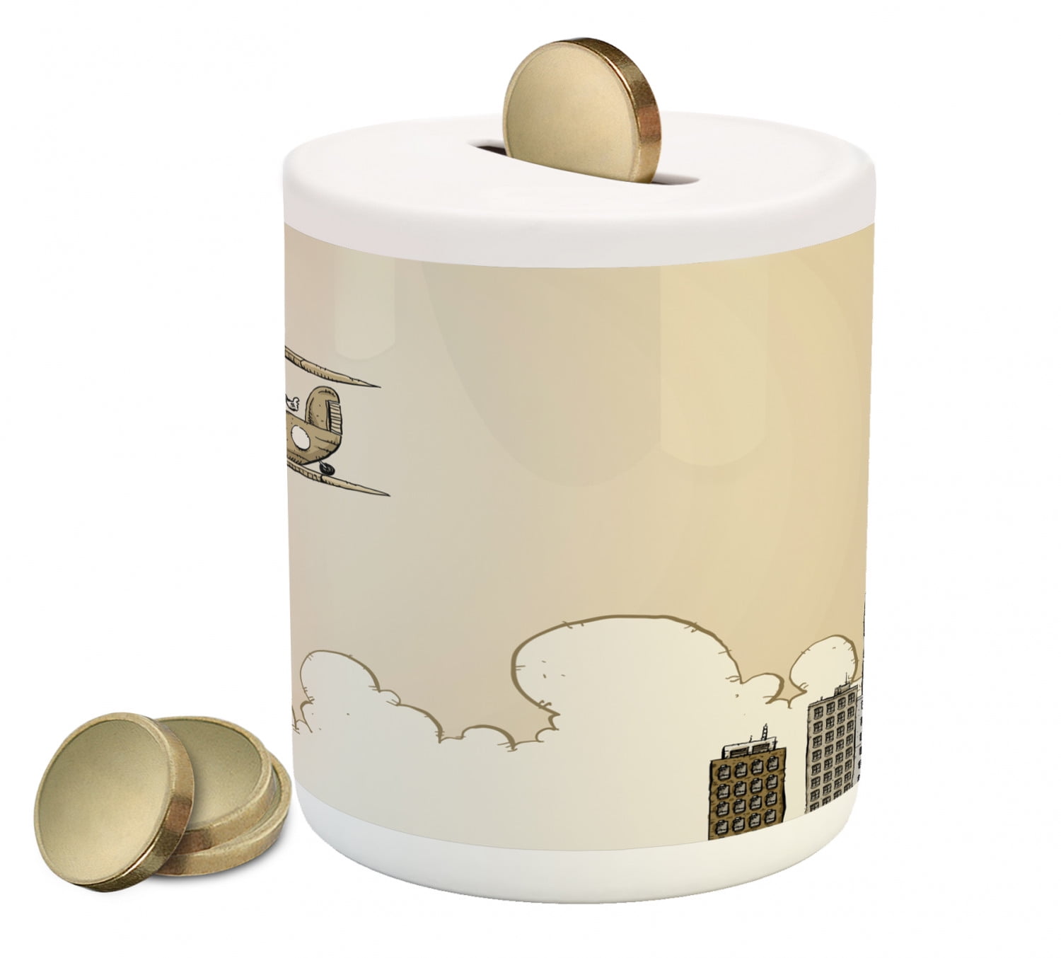 Vintage Airplane Piggy Bank, Cartoon Style Biplane in Modern City ...