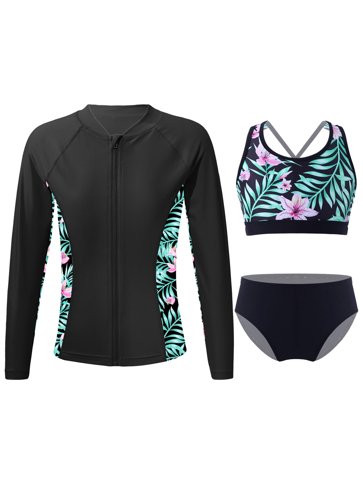 TiaoBug Kids Girl 3 Piece Rash Guard Swimsuits Set Floral Long Sleeve ...
