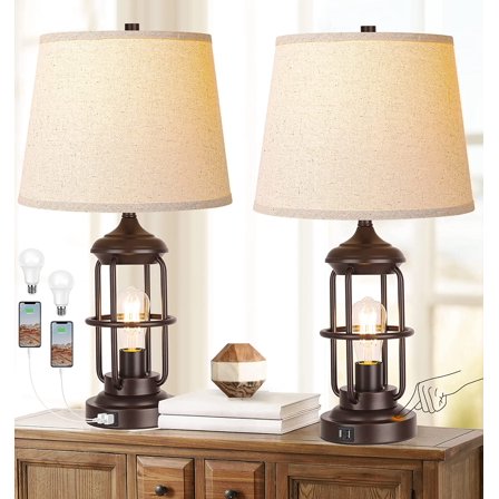 Farmhouse Table Lamps for Living Room, Rustic Nightstand Lamp for ...