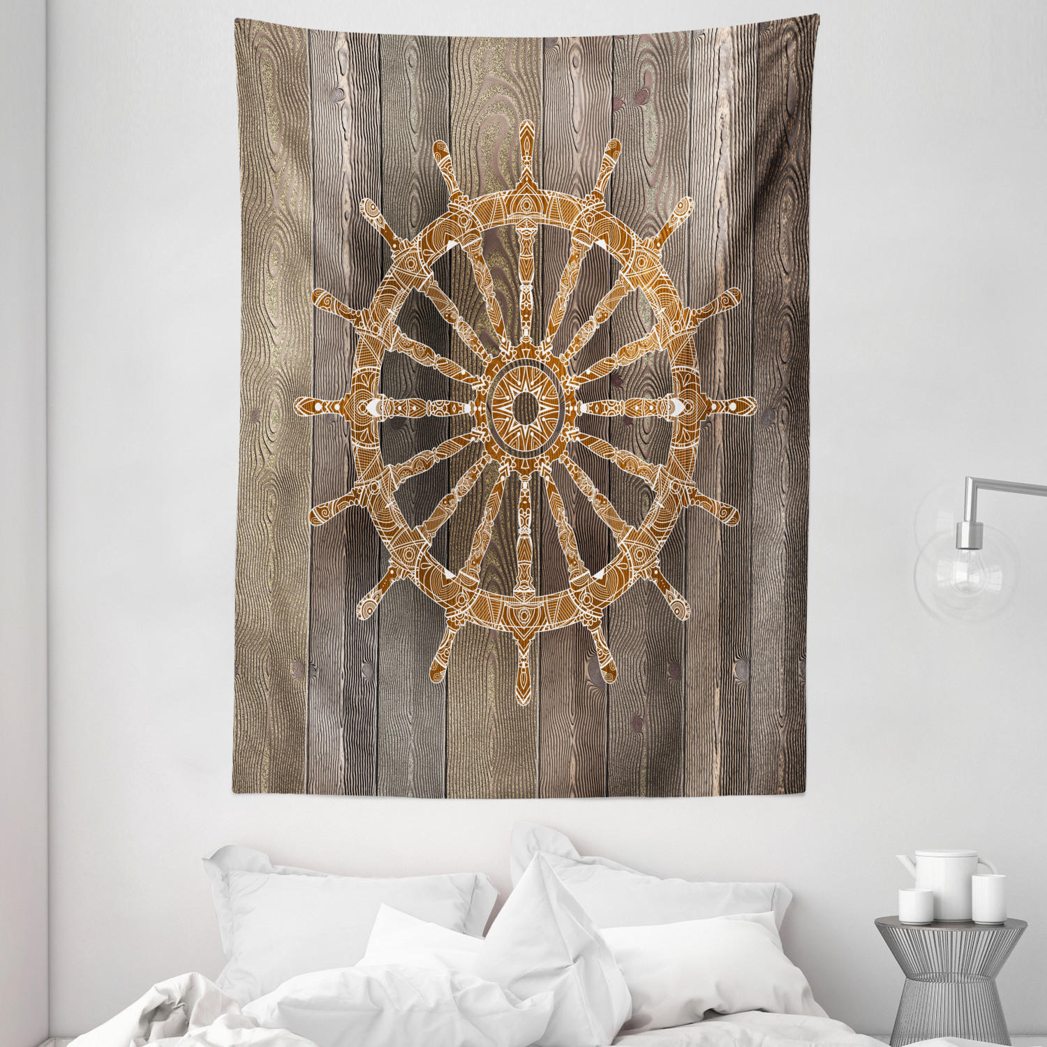 Navy Tapestry, Nautical Ship Wheel Pattern on Wooden Background Marine ...